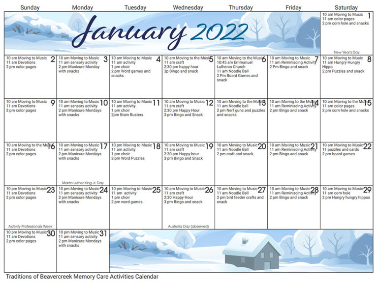January Memory Care Calendar | Traditions of Beavercreek | Beavercreek, OH